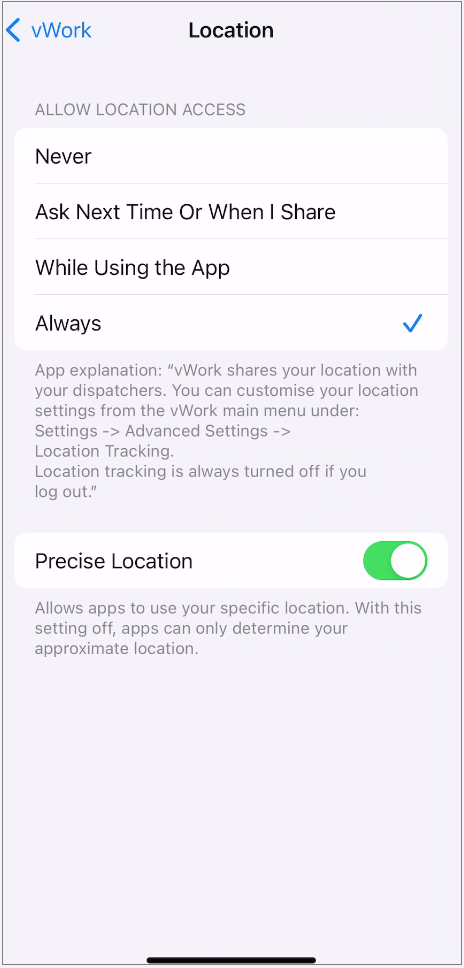 iOS: vWork mobile app Location Tracking settings – vWork Support