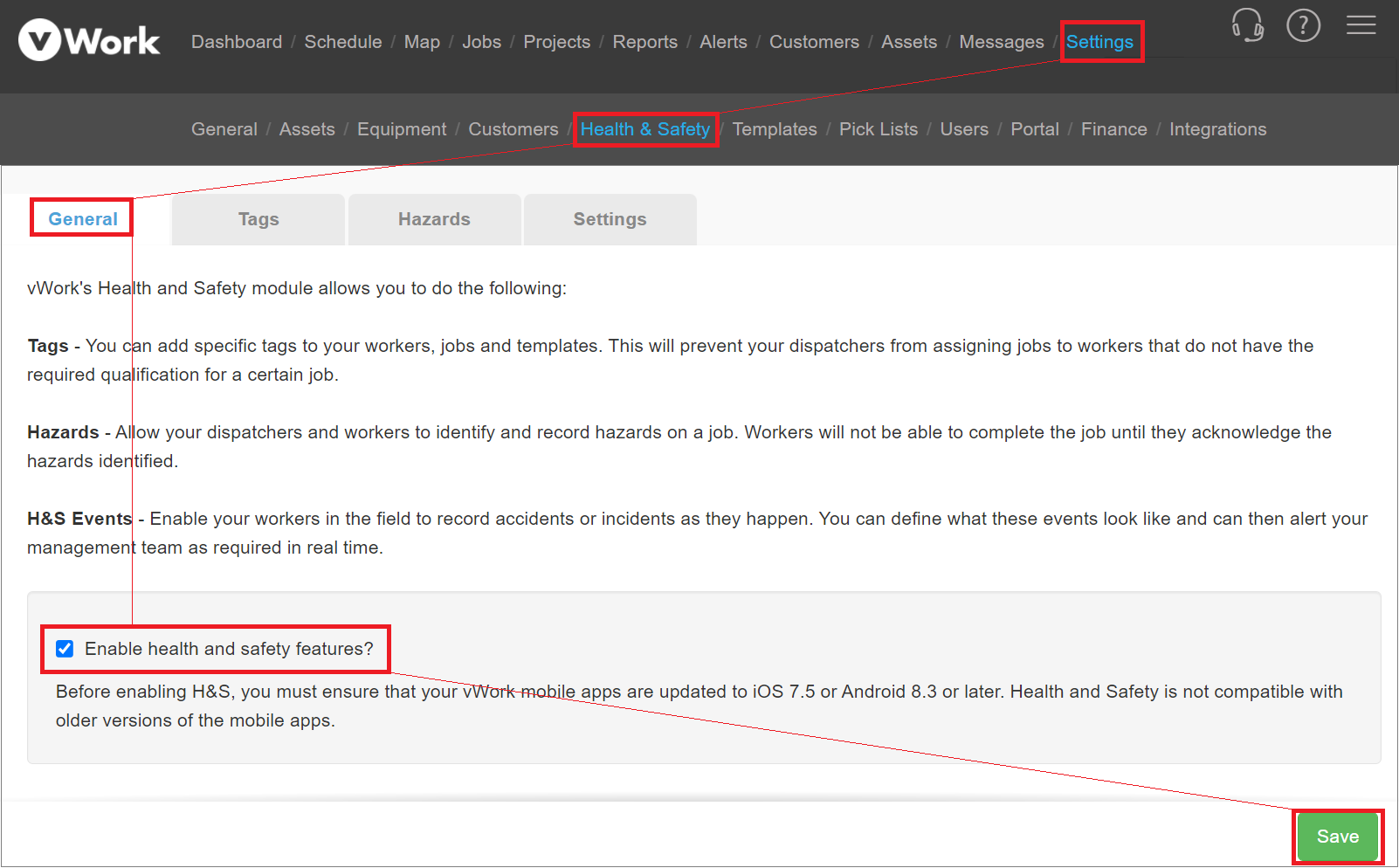 Turn on Health & Safety – vWork Support